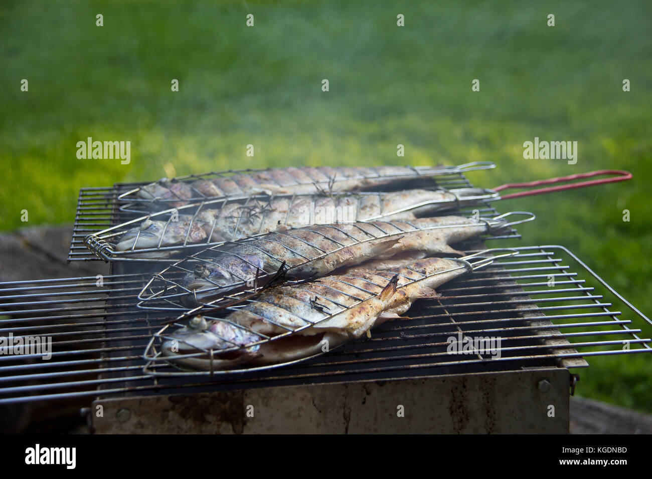 There are fish on the grill and grilled. On raw freshwater fish on the ...
