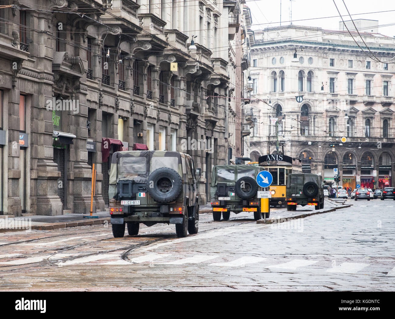Italian military jeeps on the streets of Milan, Italy. Europe remains ...