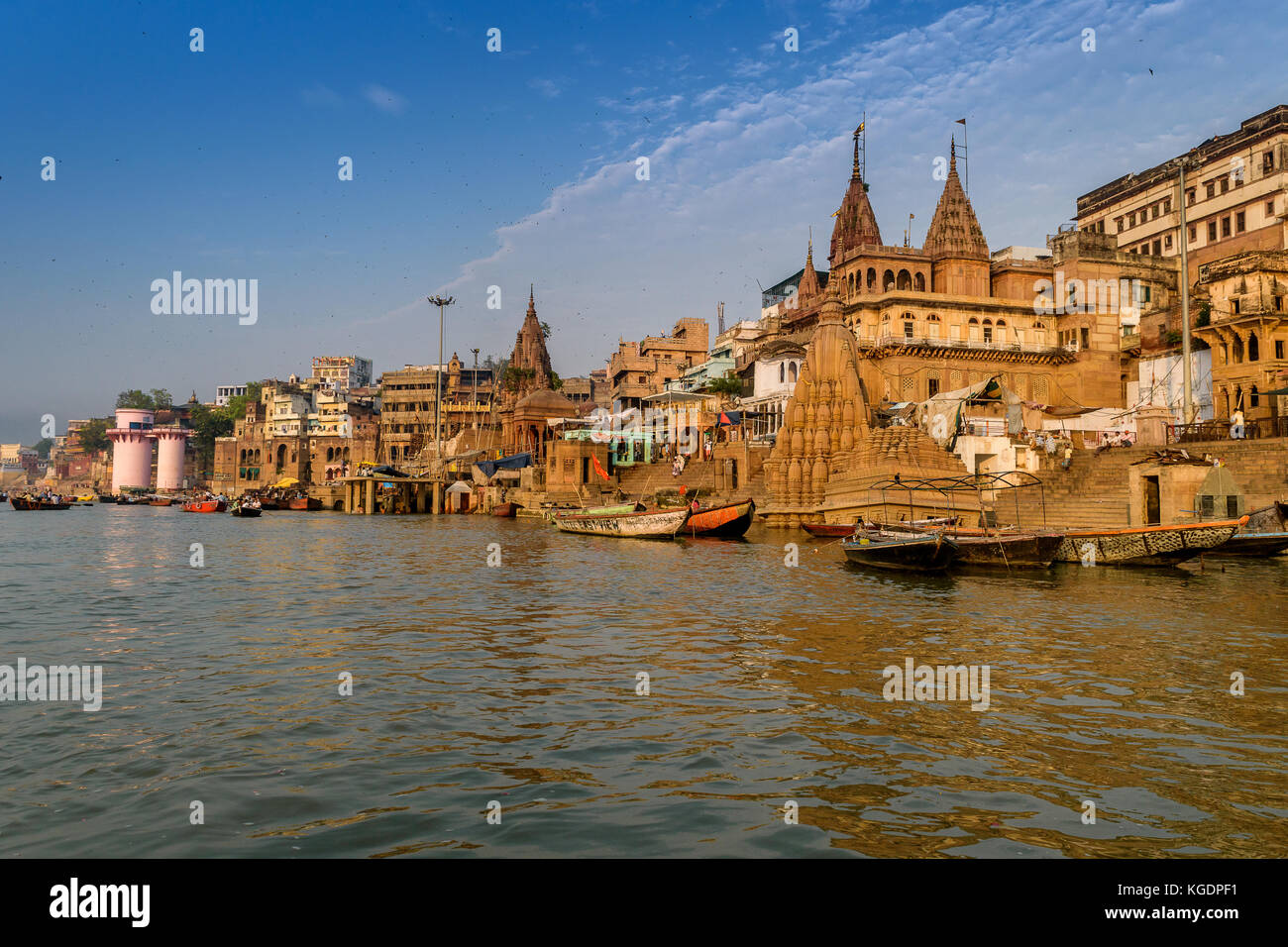 A view from River Ganges of Old Historical Varanasi city with weathered ...