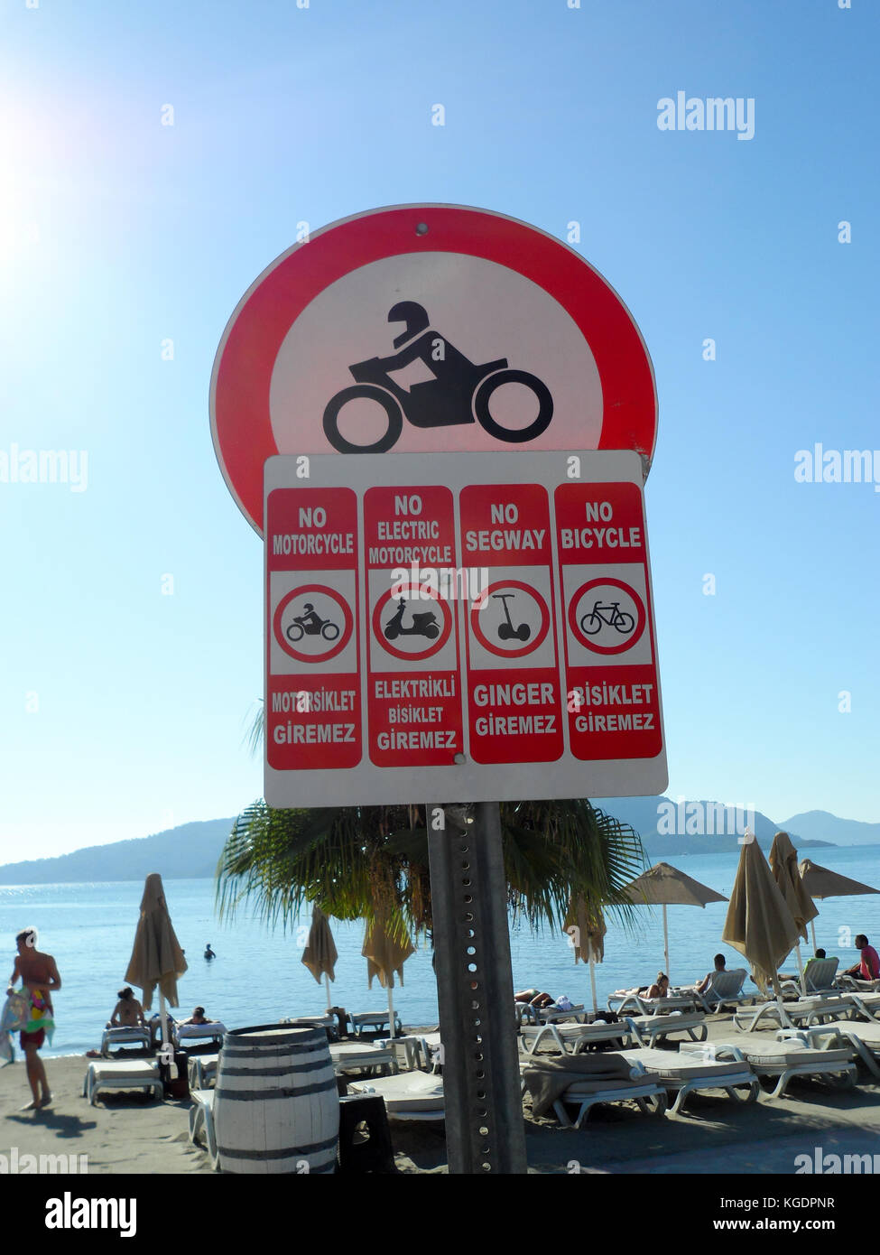 Instructional no entry warning sign on the beach promenade in Marmaris ...
