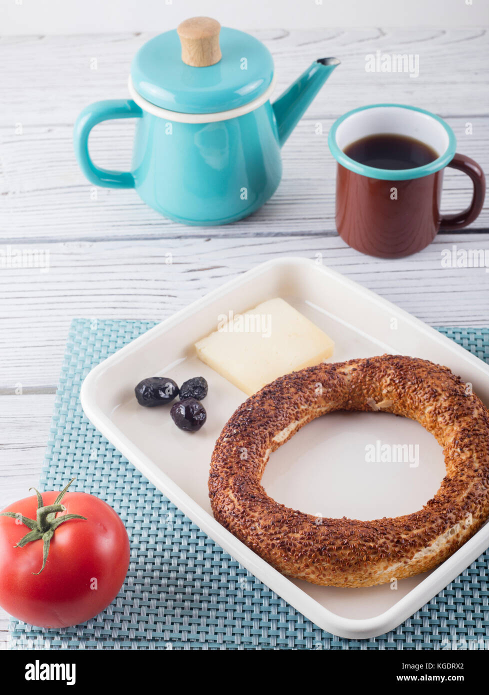 traditional turkish breakfast with tea and simit Stock Photo - Alamy
