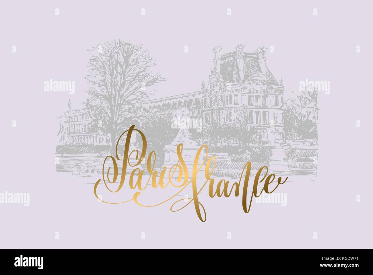 drawing of The Louvre, Paris, France with golden hand lettering Stock ...