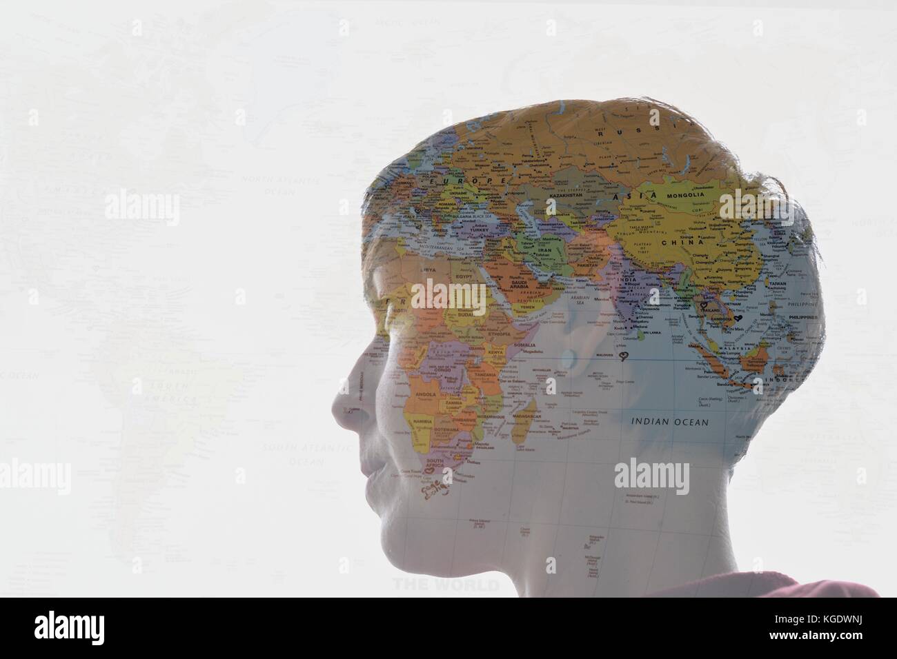 Double Exposure World Map Self-portrait Stock Photo - Alamy
