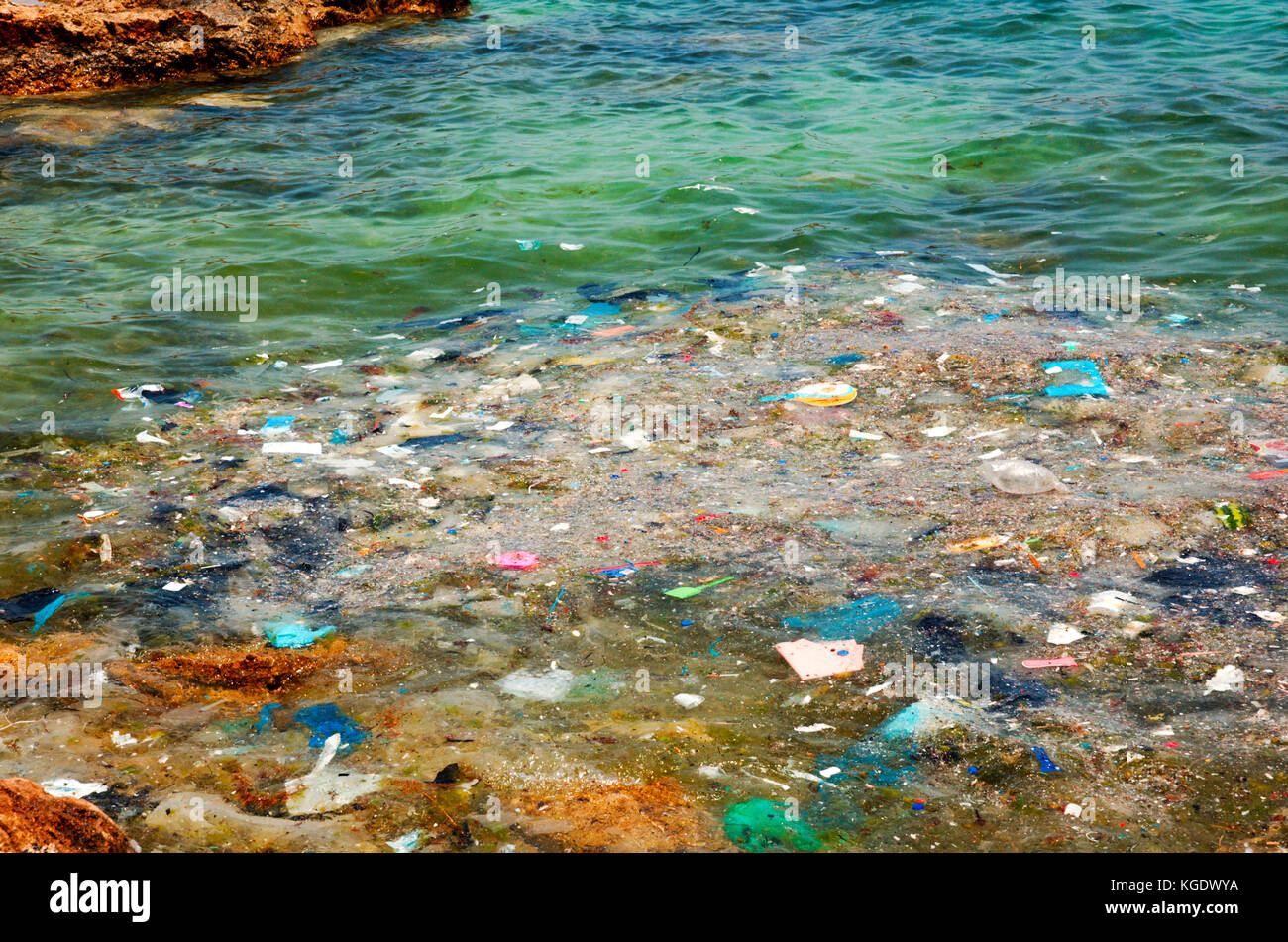 Waste, garbage and dirt floating in the Mediterranean Sea near the ...