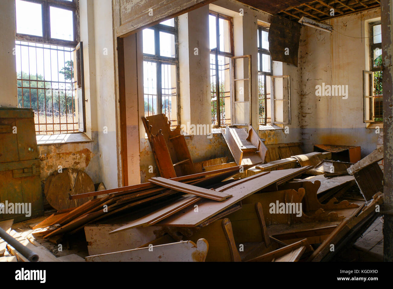 Deserted and abandoned Chapel or classroom at Agia Triada Monastery or ...