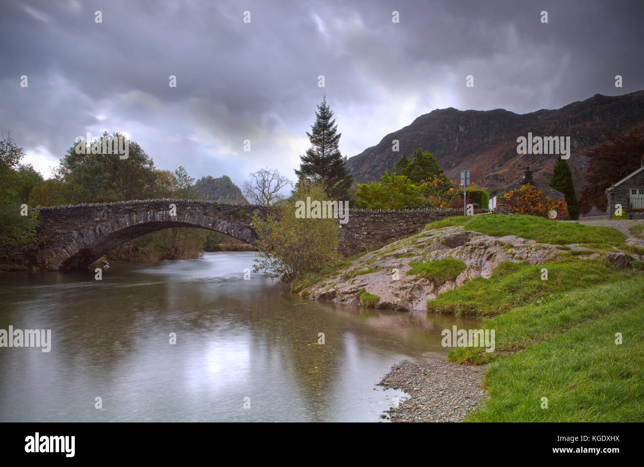 Grange Bridge over Derwent River, Grange. Borrowdale, Cumbria. England ...