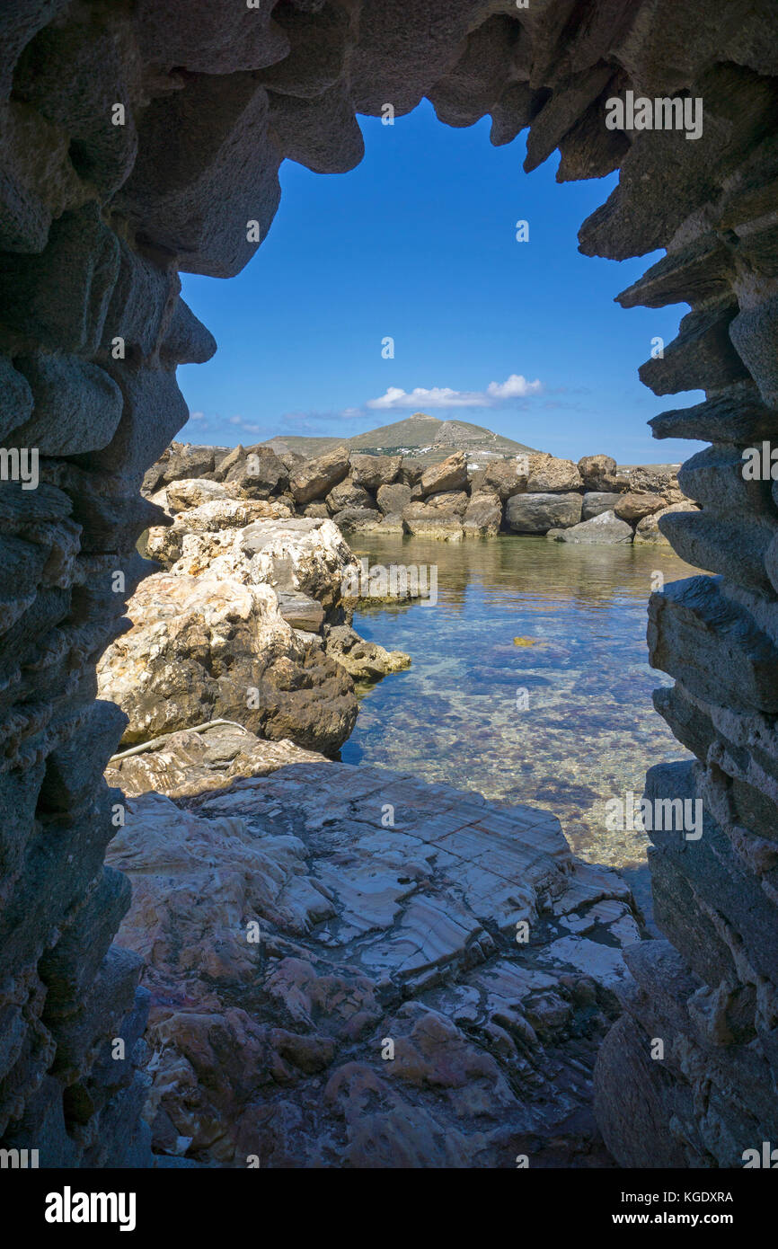 View from venetian fort at the harbour to the sea, Naoussa, Paros ...