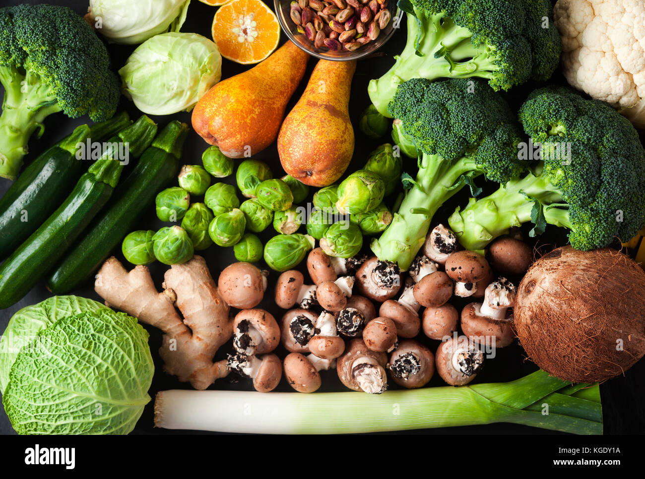 Heap of fresh and ripe vegetables, fruits and mushrooms. Food ...