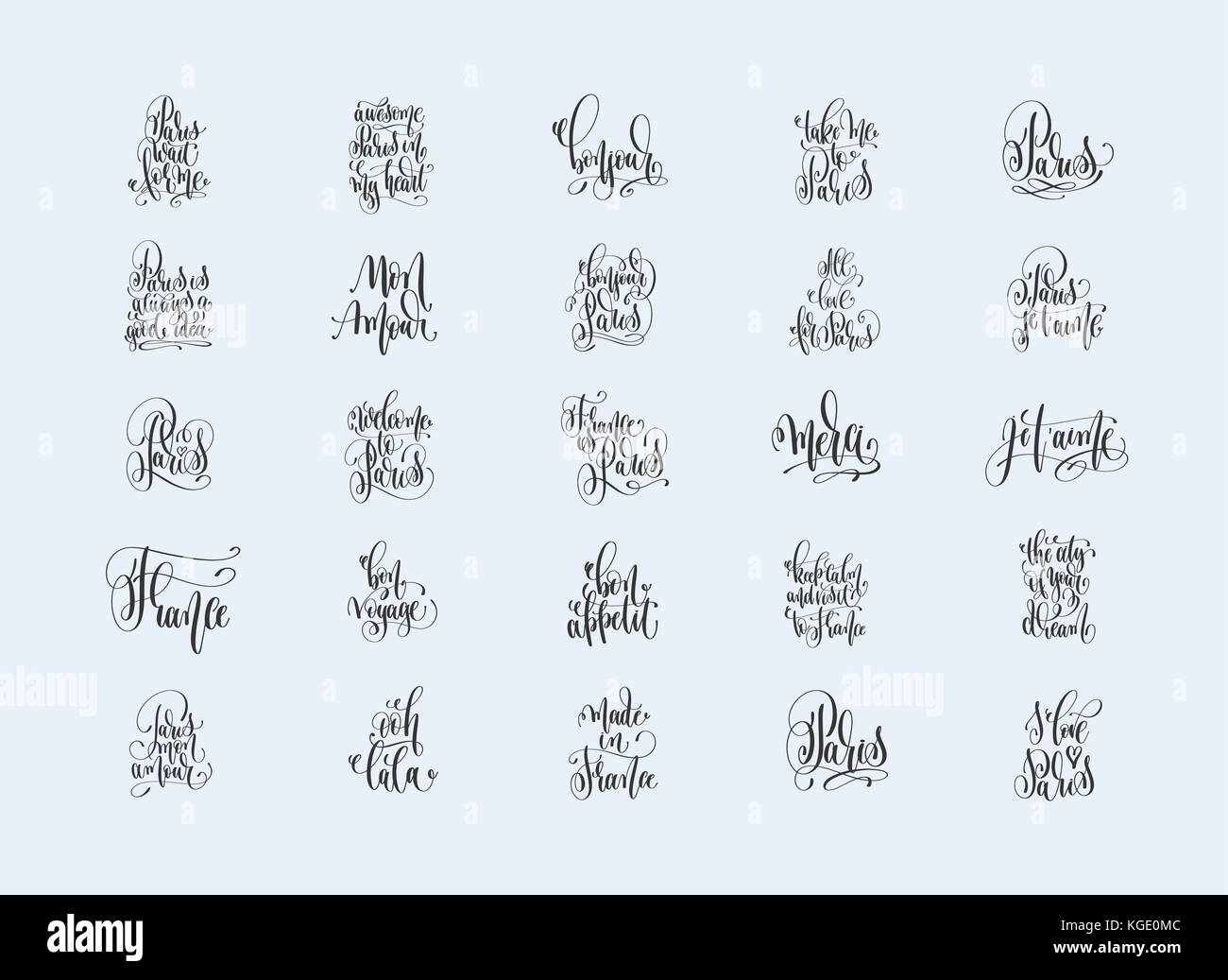 set of 25 hand lettering inscriptions about travel to Paris Fran Stock ...