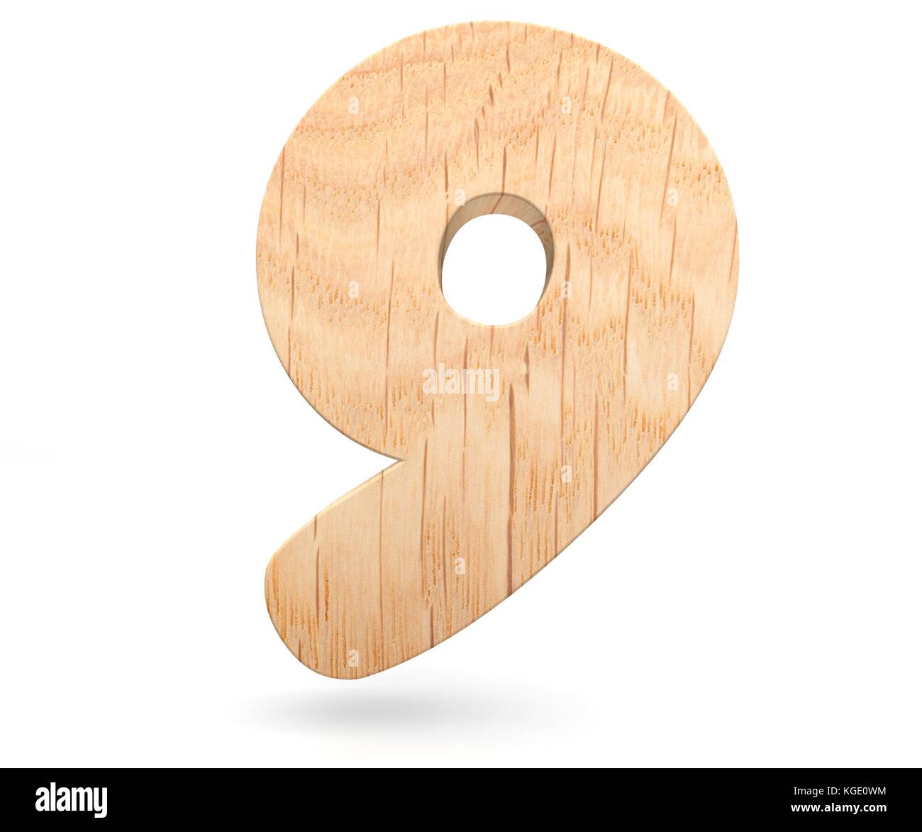 3D decorative wooden alphabet digit nine symbol - 9. Isolated on white ...