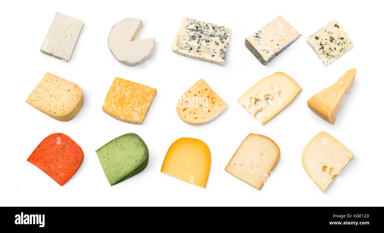 Different kinds of cheeses isolated on white background Stock Photo - Alamy