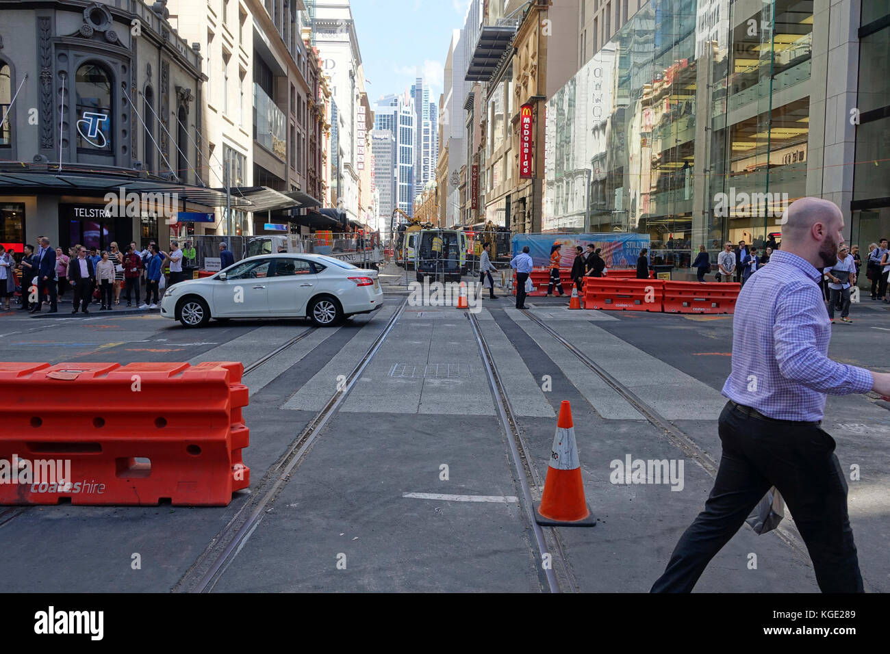Construction work laying steel rail tracks along George Street in ...