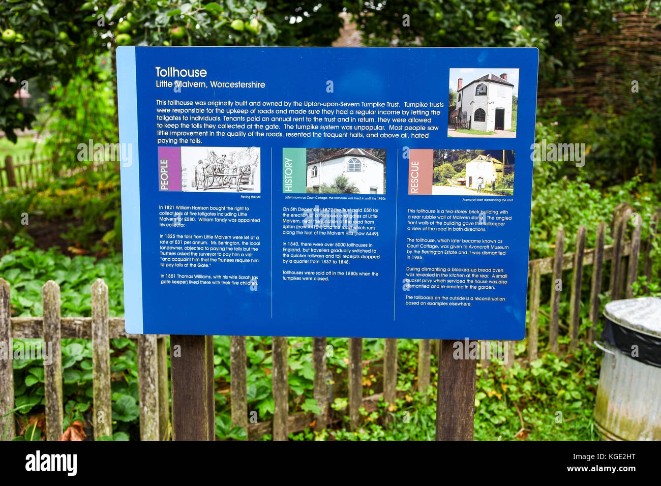 A sign explaining the history of the Old Little Malvern toll house at ...