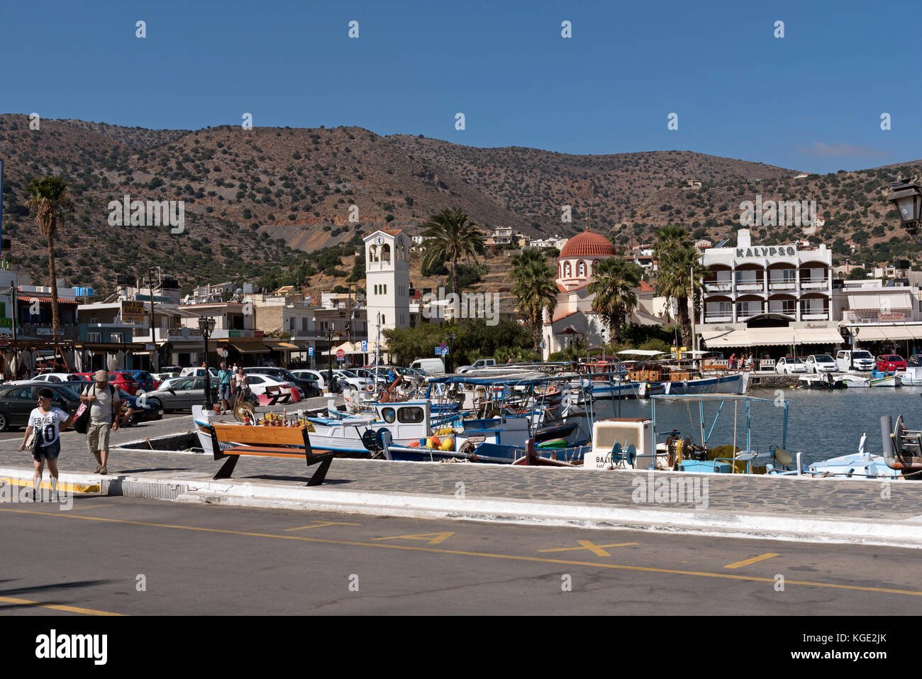 The fishing boat harbour at Elounda a seaside resort in northern Crete ...