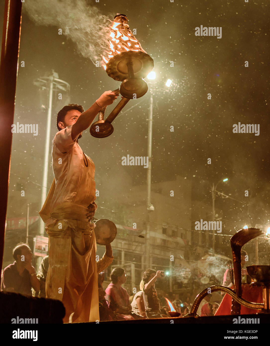 Ganga aarti puja ceremony performed by young priests at Dashashwamedh ...