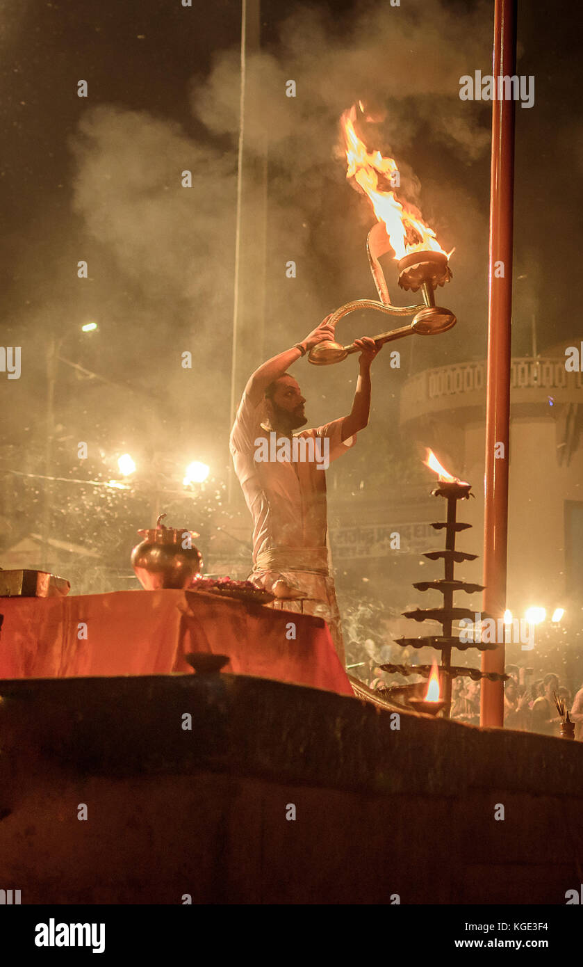 Ganga aarti puja ceremony performed by young priests at Dashashwamedh ...