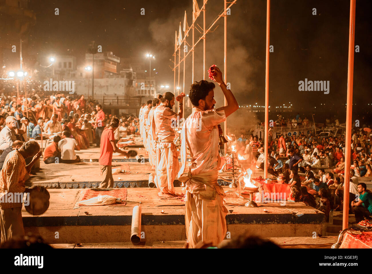 Ganga aarti puja ceremony performed by young priests at Dashashwamedh ...