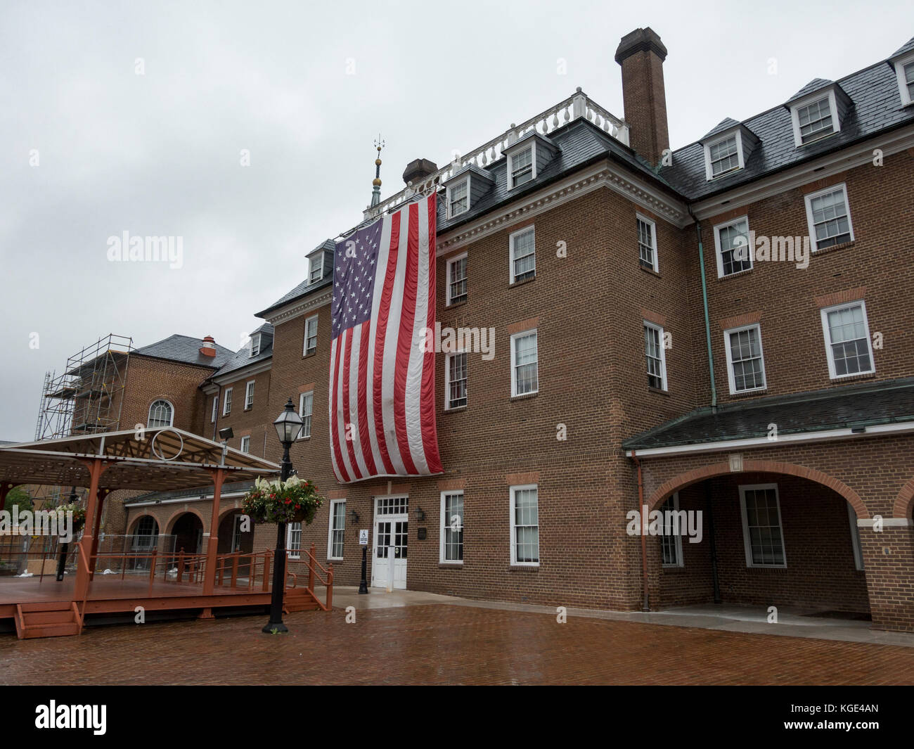 Large American flag hanging on Alexandria City Hall in Alexandria ...