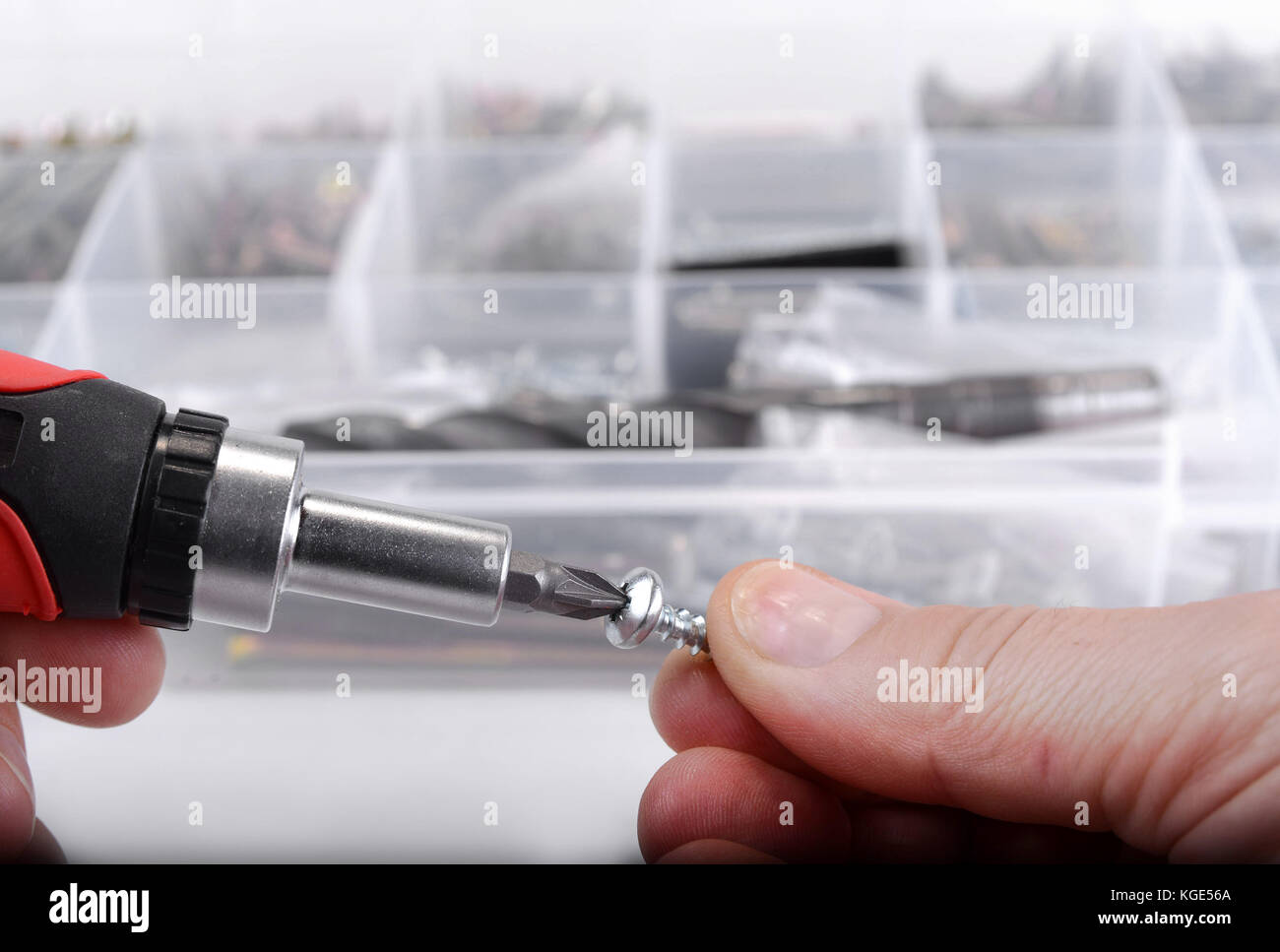 Man holding screwdriver with the screw on white background Stock Photo ...