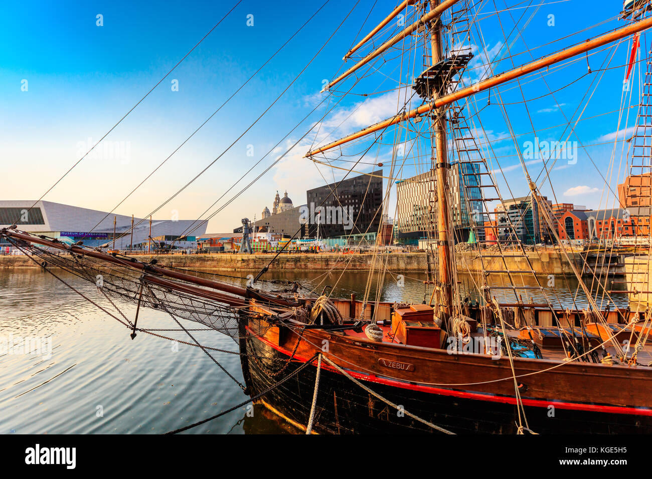 Waterfront cityscape at the Albert Dock with famous Liverpool buildings ...