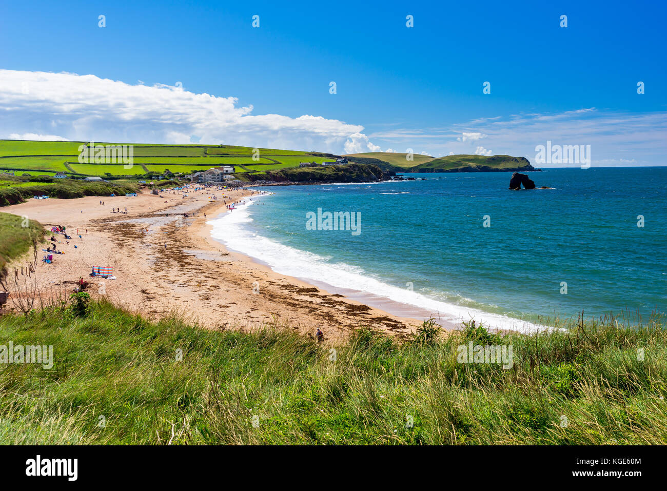 Overlooking the golden sandy beach at South Milton Sands Devon England ...