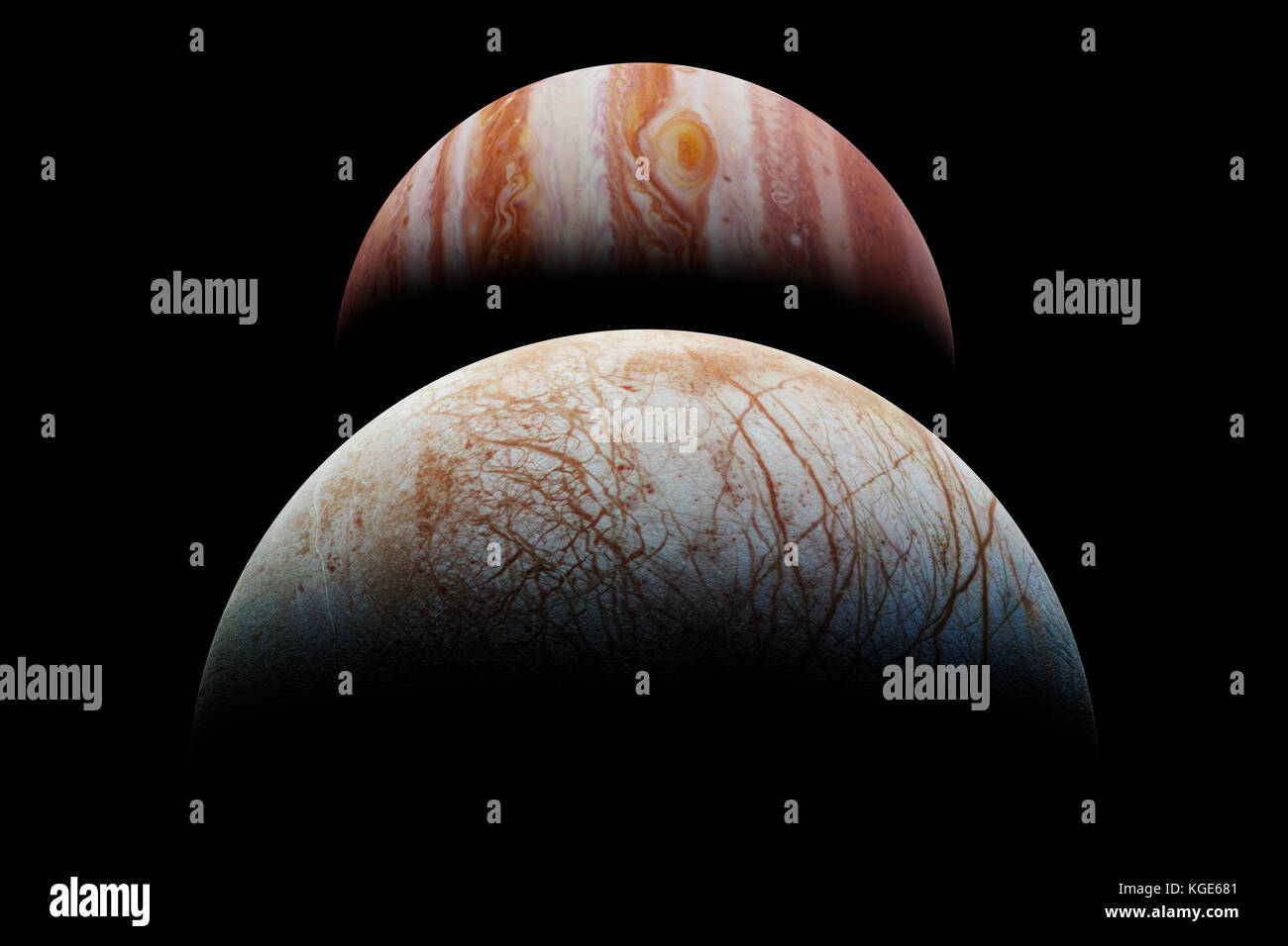 Jupiter's moon Europa in front of the planet Jupiter and the Milky Way ...