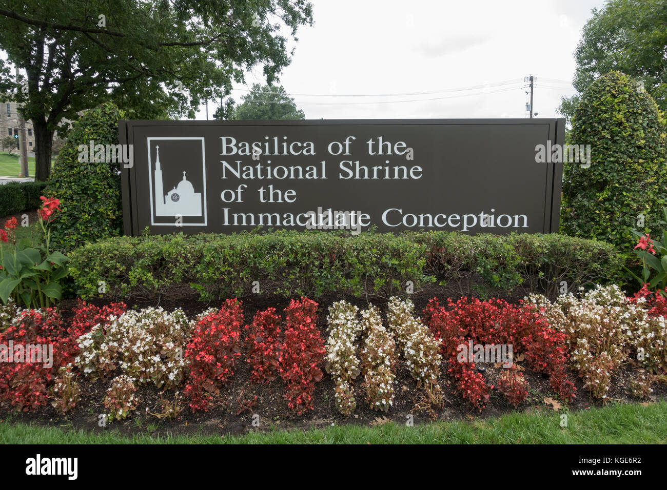 Sign at the entrance to the Basilica of the National Shrine of the ...