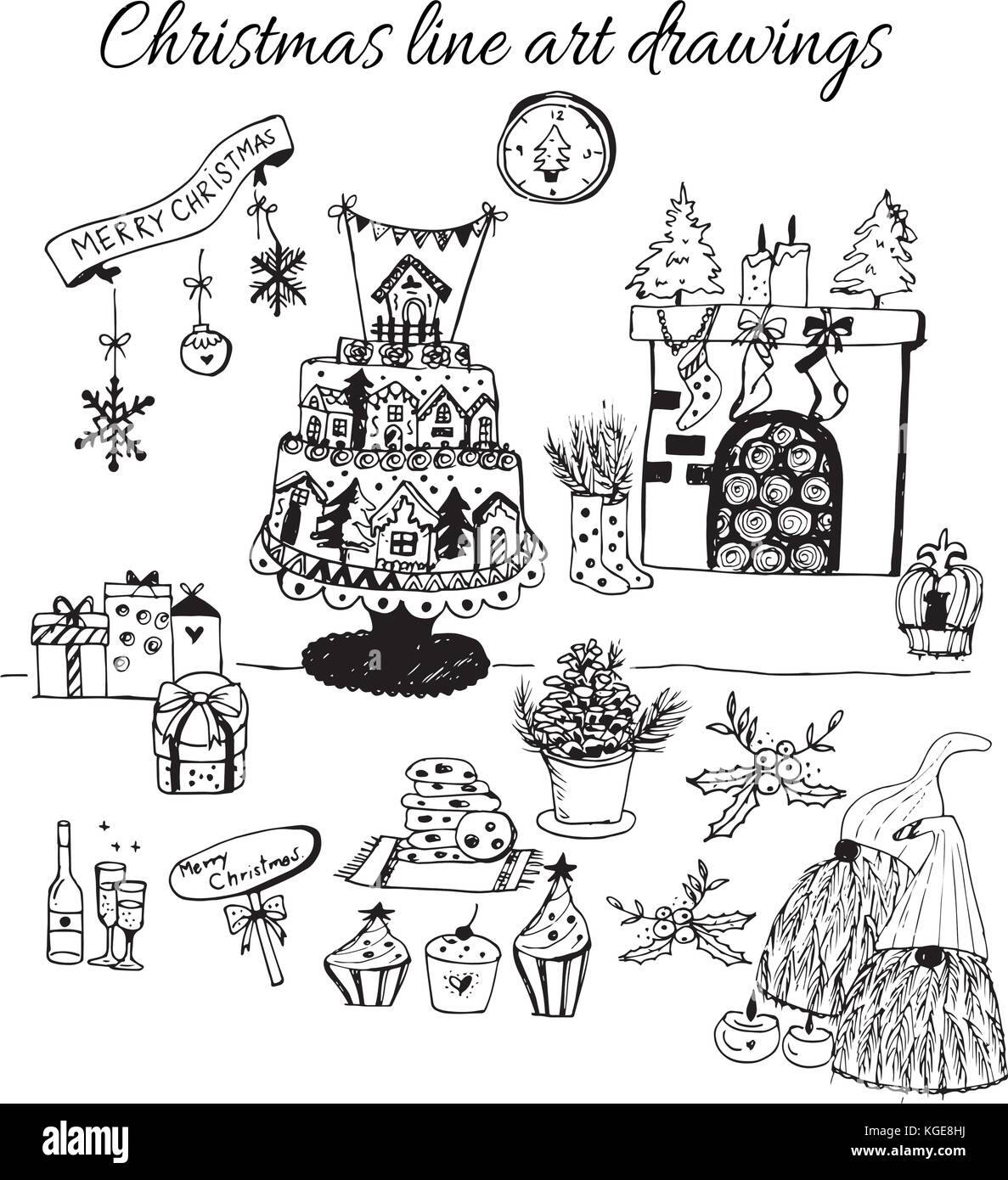 Hand drawn doodle vector. Christmas line art drawings in black. tree ...