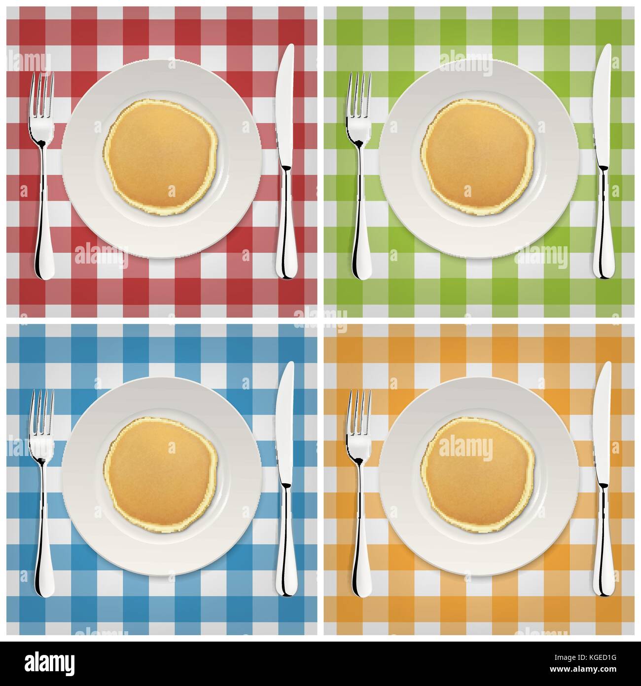 Realistic pancake on a white plate with fork and knife, icon set ...