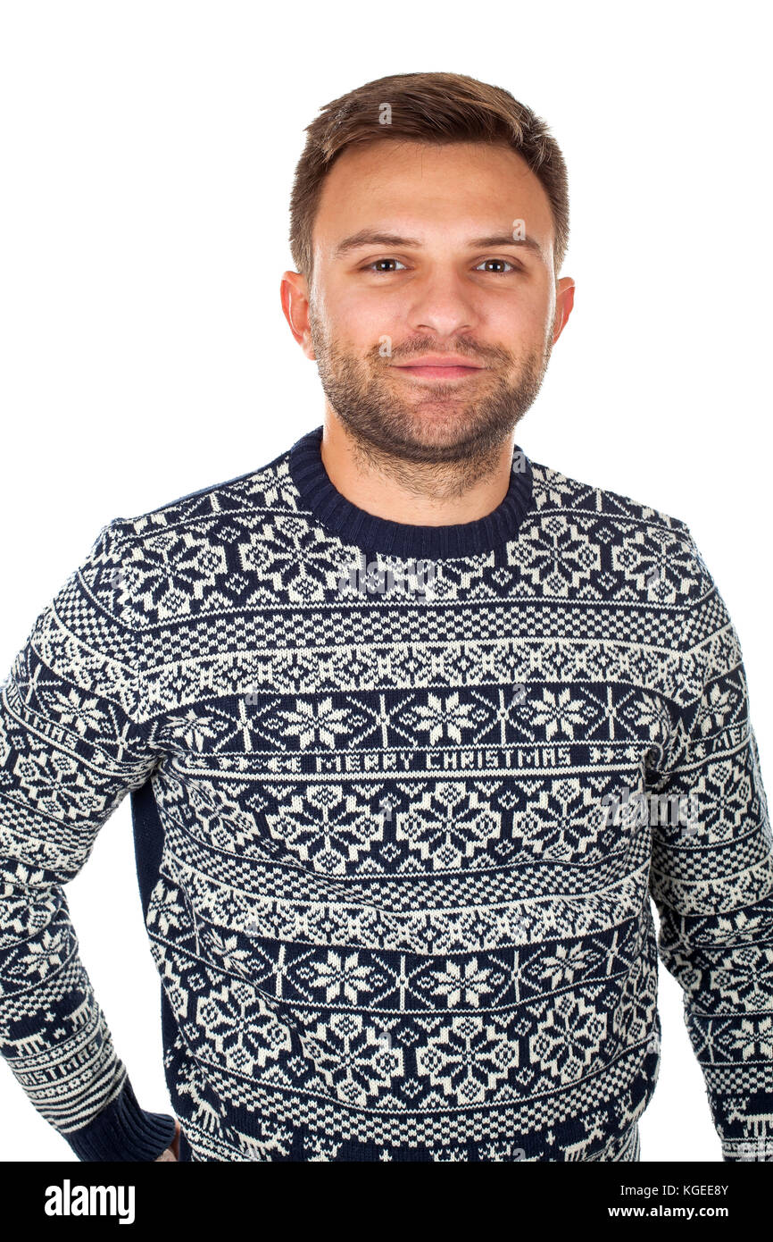 Portrait of a confident man wearing a christmas pullower on isolated ...