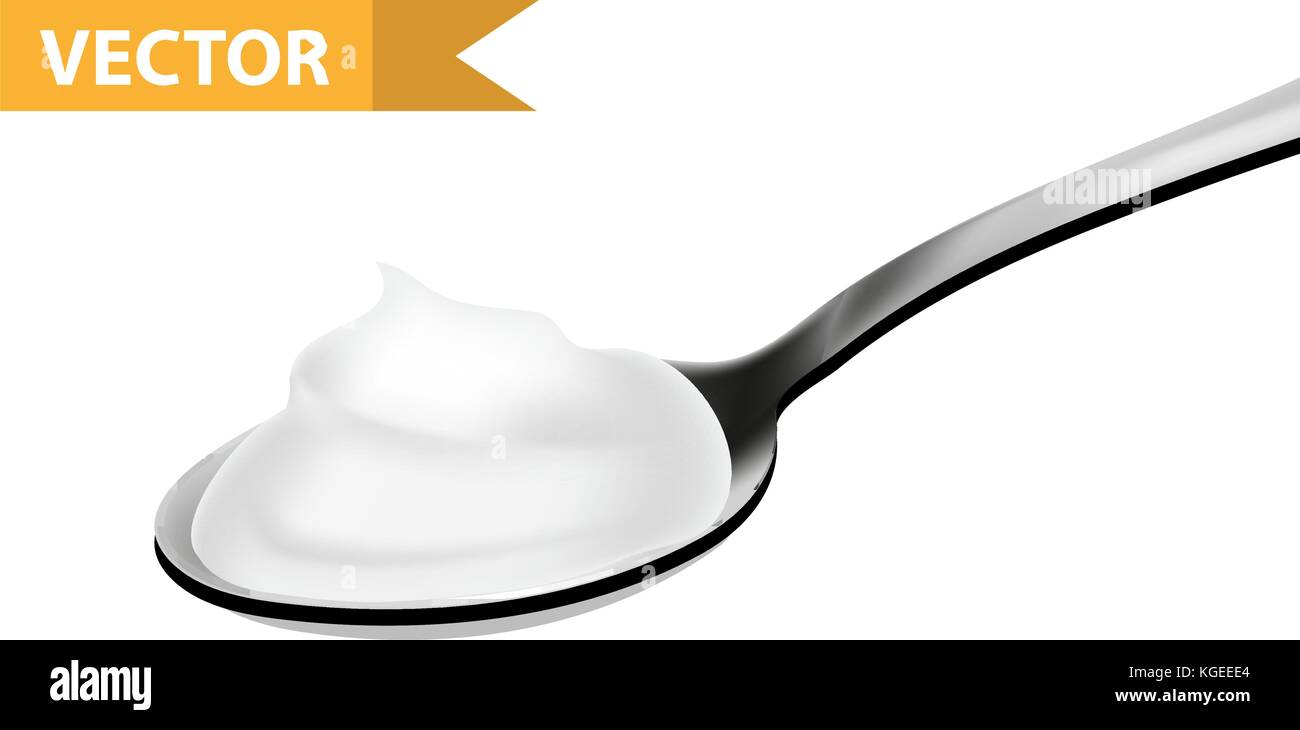 Spoon cream, yogurt, sour-cream, 3d realist style. Teaspoon, tablespoon ...