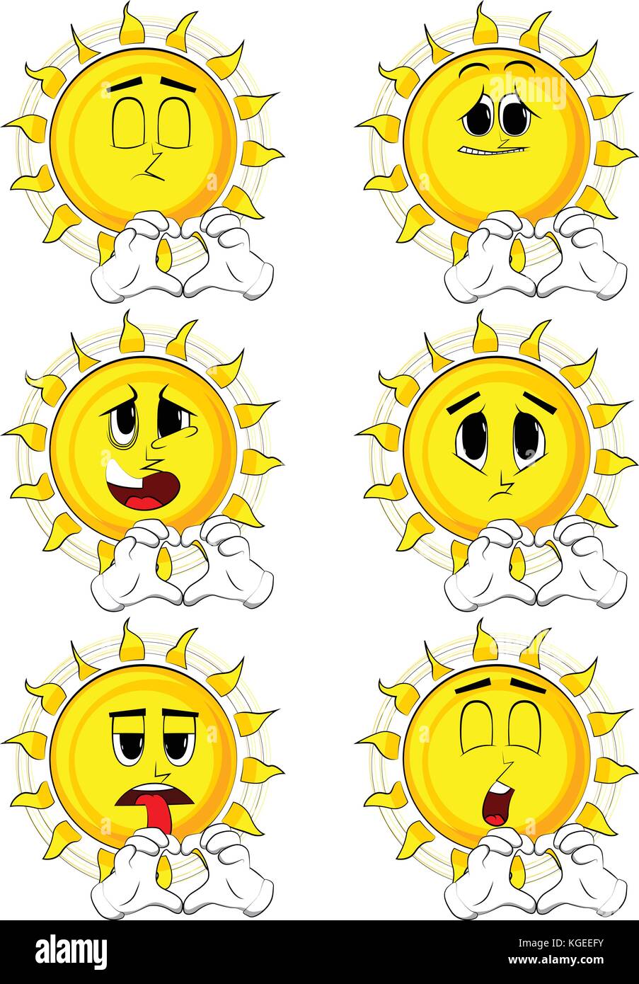 Cartoon sun with heart shape hand gesture. Collection with sad faces ...