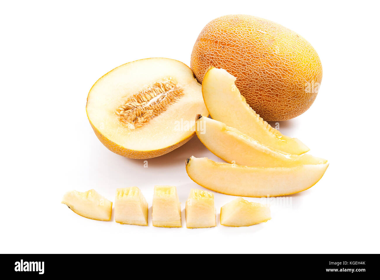 Whole, half and sliced ripe juicy melon tropical fruit at summer time ...