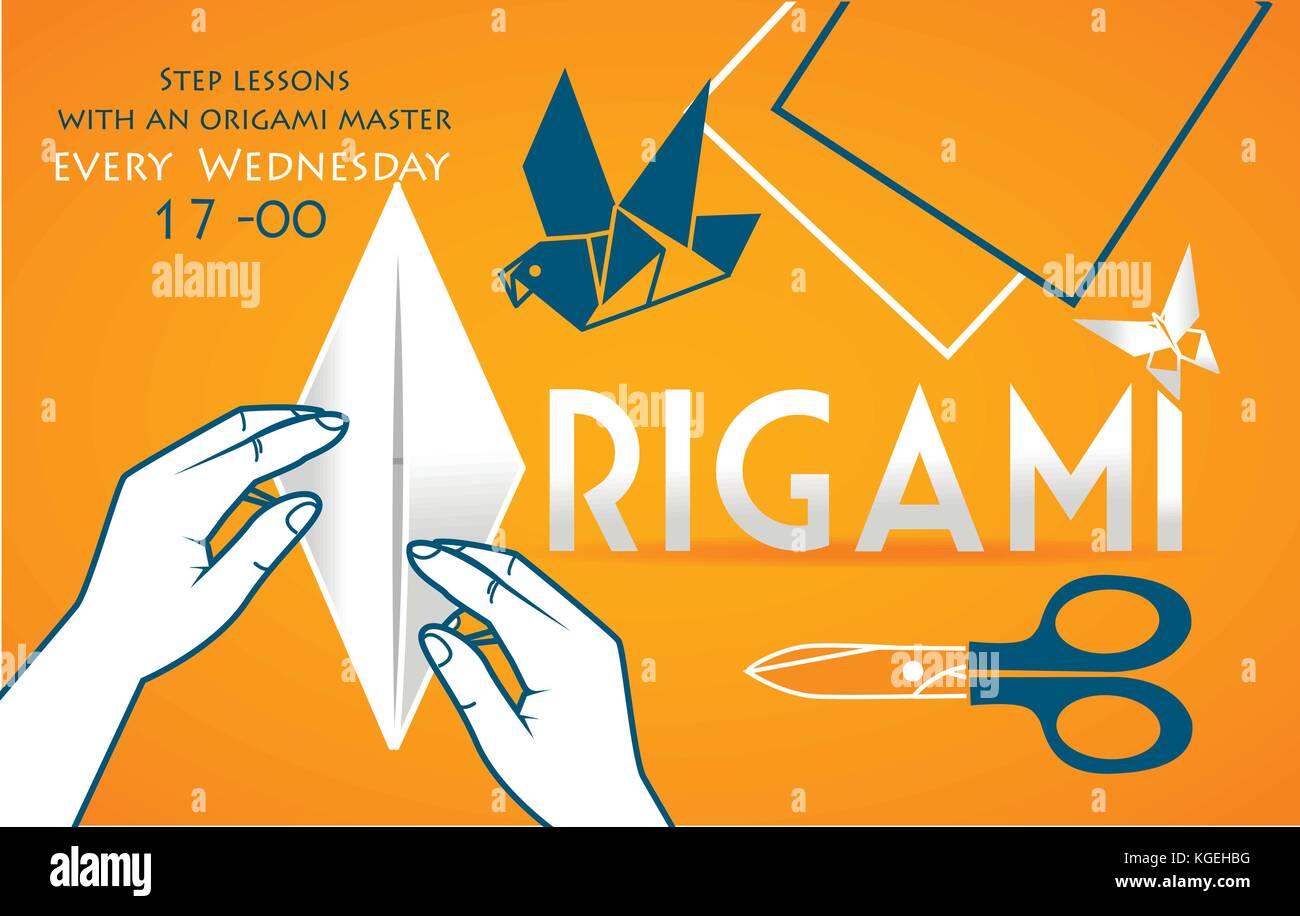 banner, cover for origami in the form of hands bending sheet of paper ...