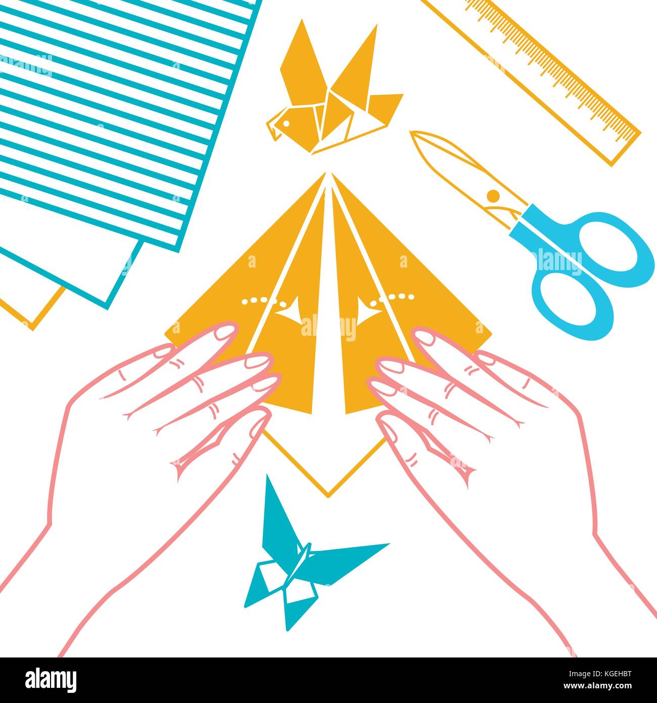 concept of origami lessons, children's creativity in the form of hands ...