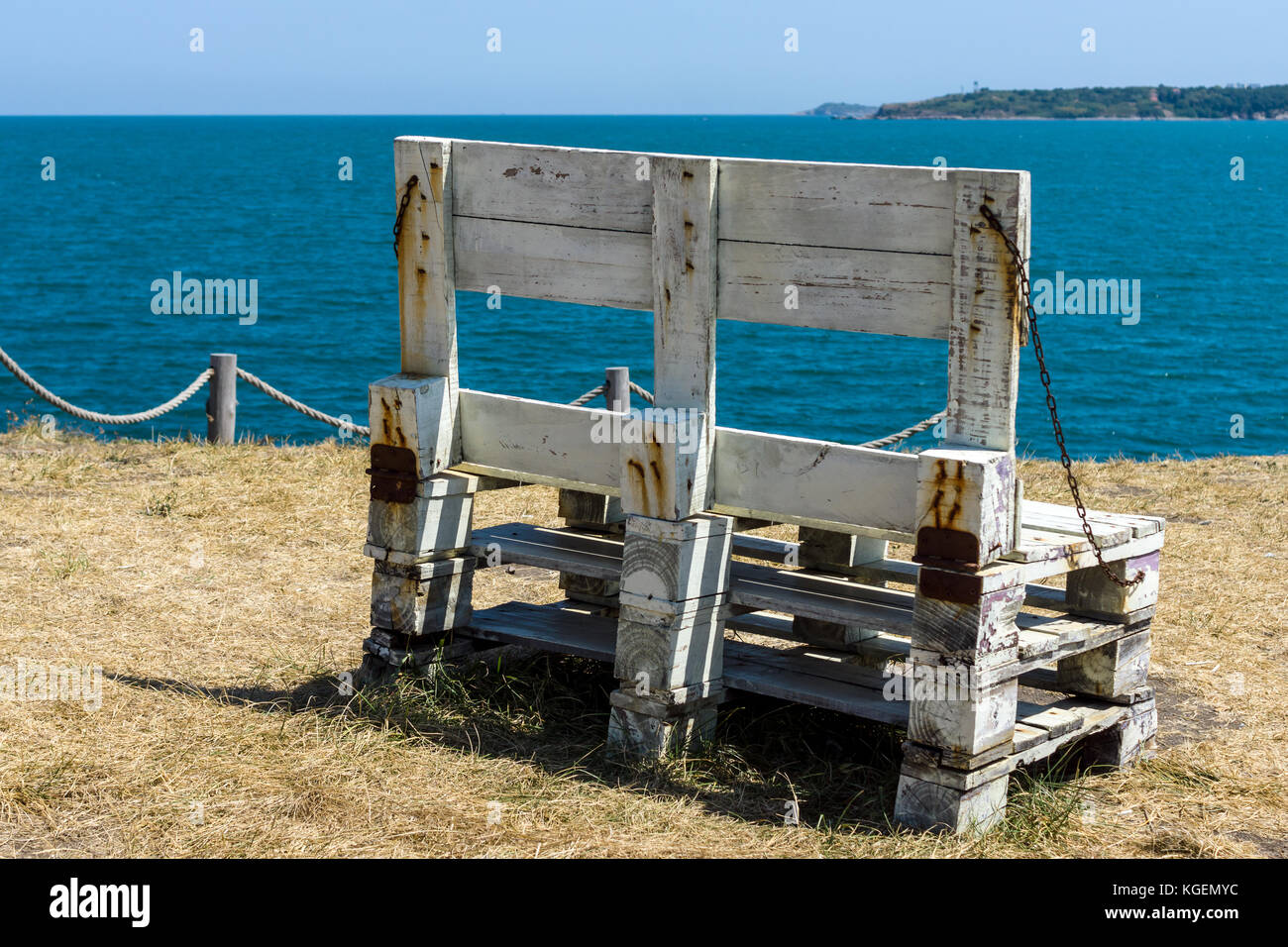 Wooden benches on the high seashore. Seascape Stock Photo - Alamy