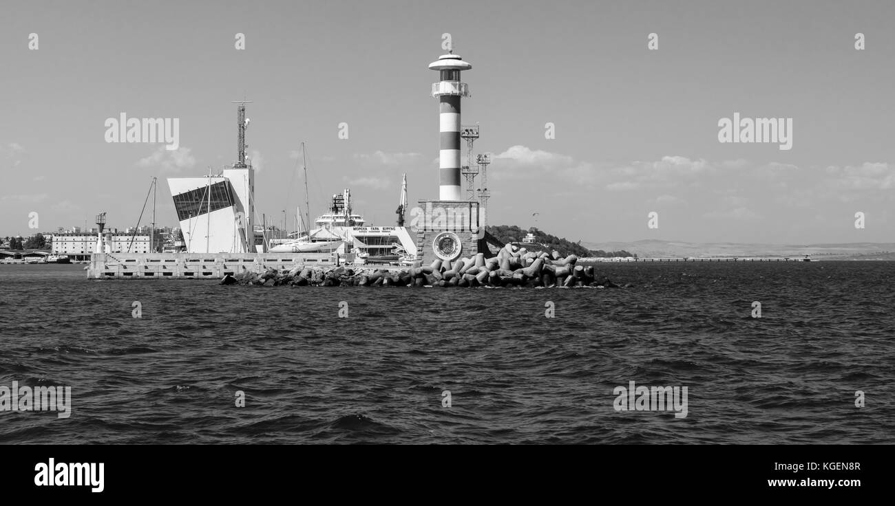 Lighthouse, control tower of the seaport of Burgas. Black and white ...