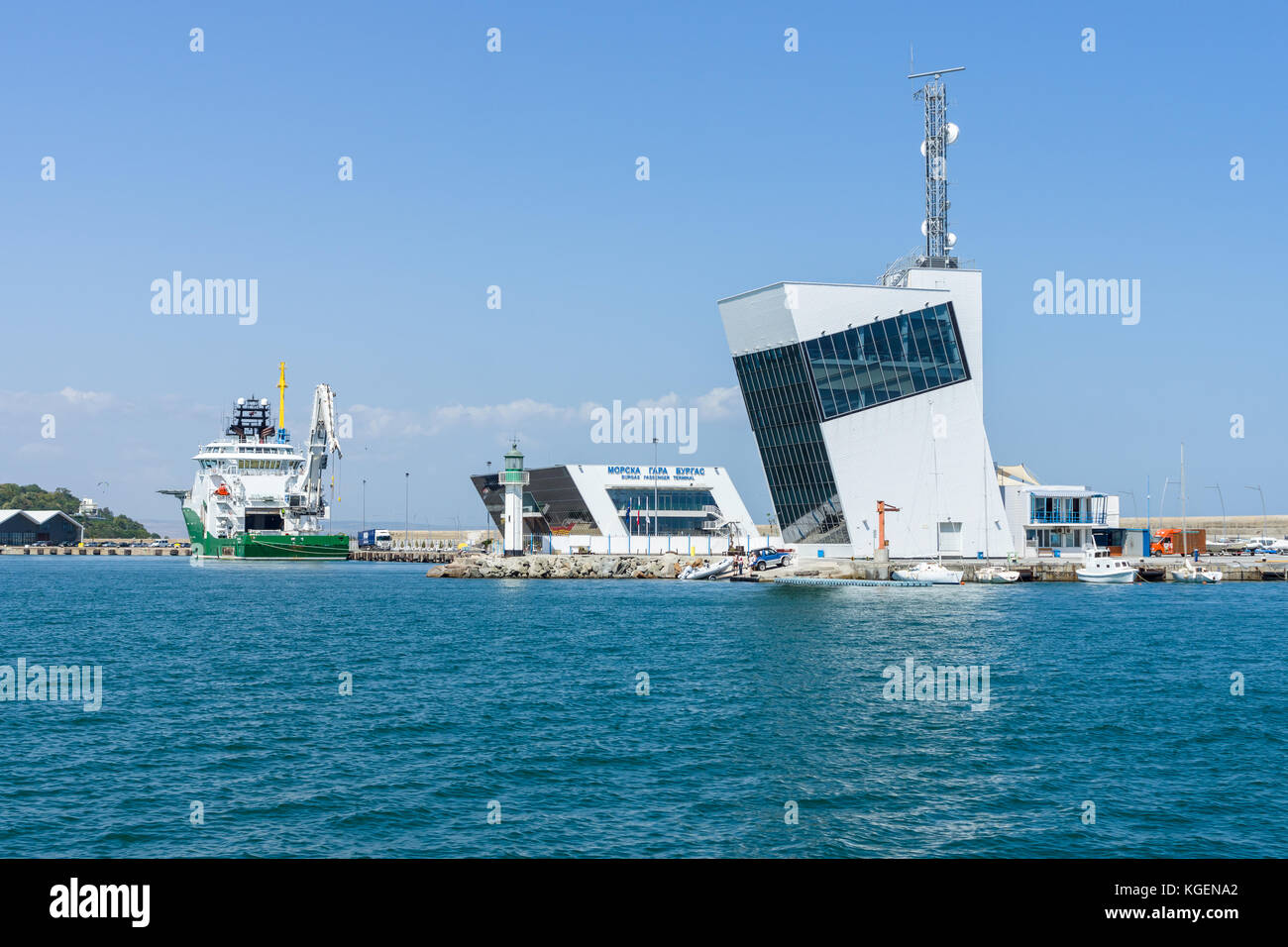 Passenger terminal, control tower of the seaport of Burgas. Burgas, is ...