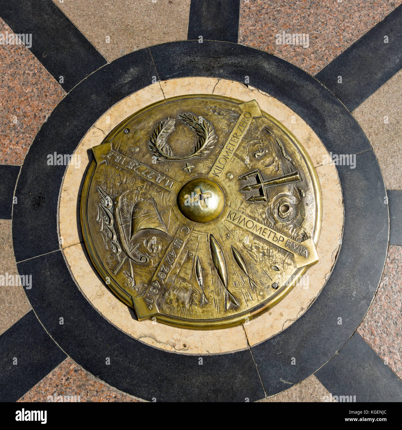 Zero kilometer indicator on the road, close-up. Burgas, is the second ...