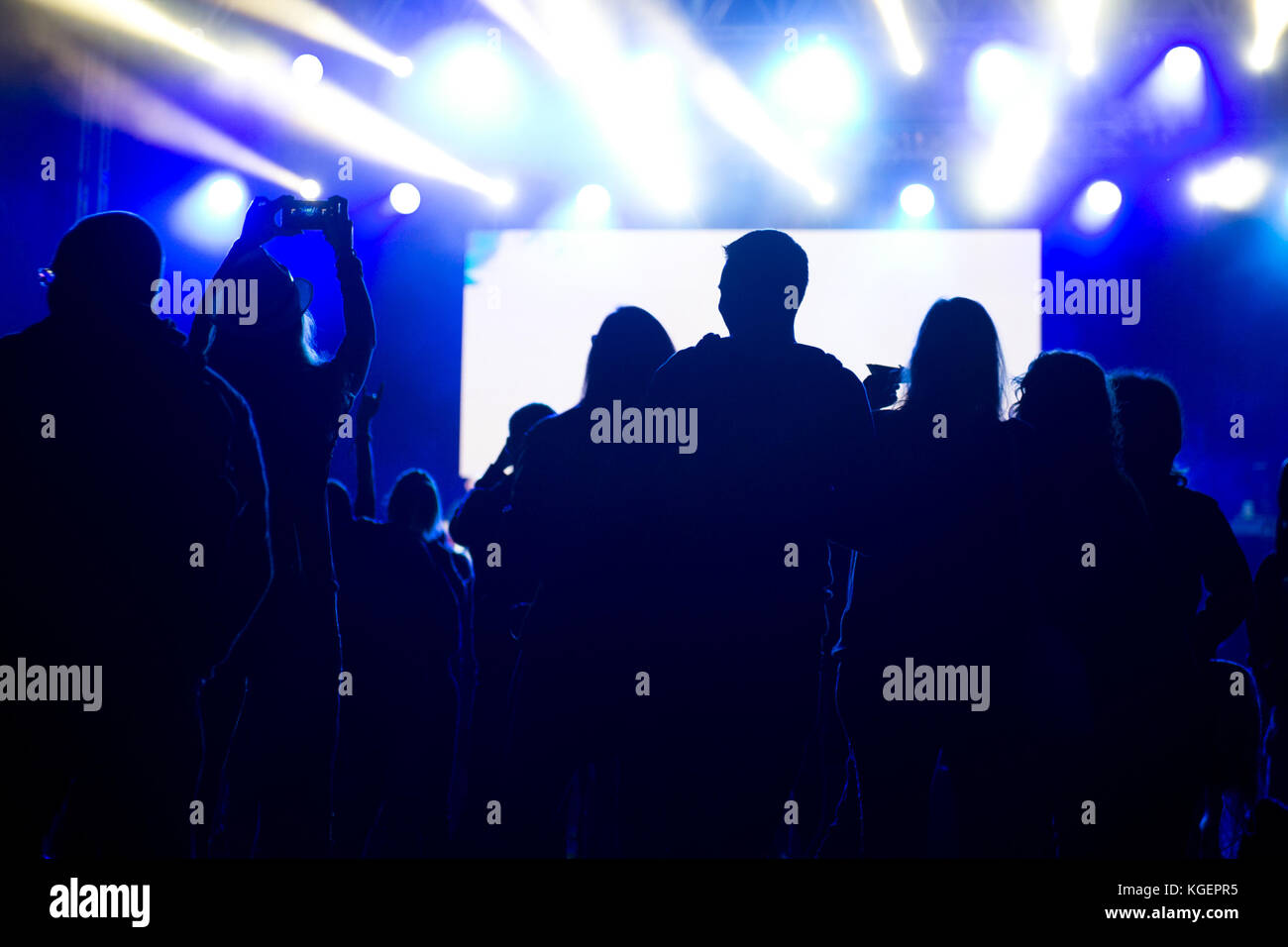 Friends enjoying concert, people dancing at a party, silhouettes Stock ...