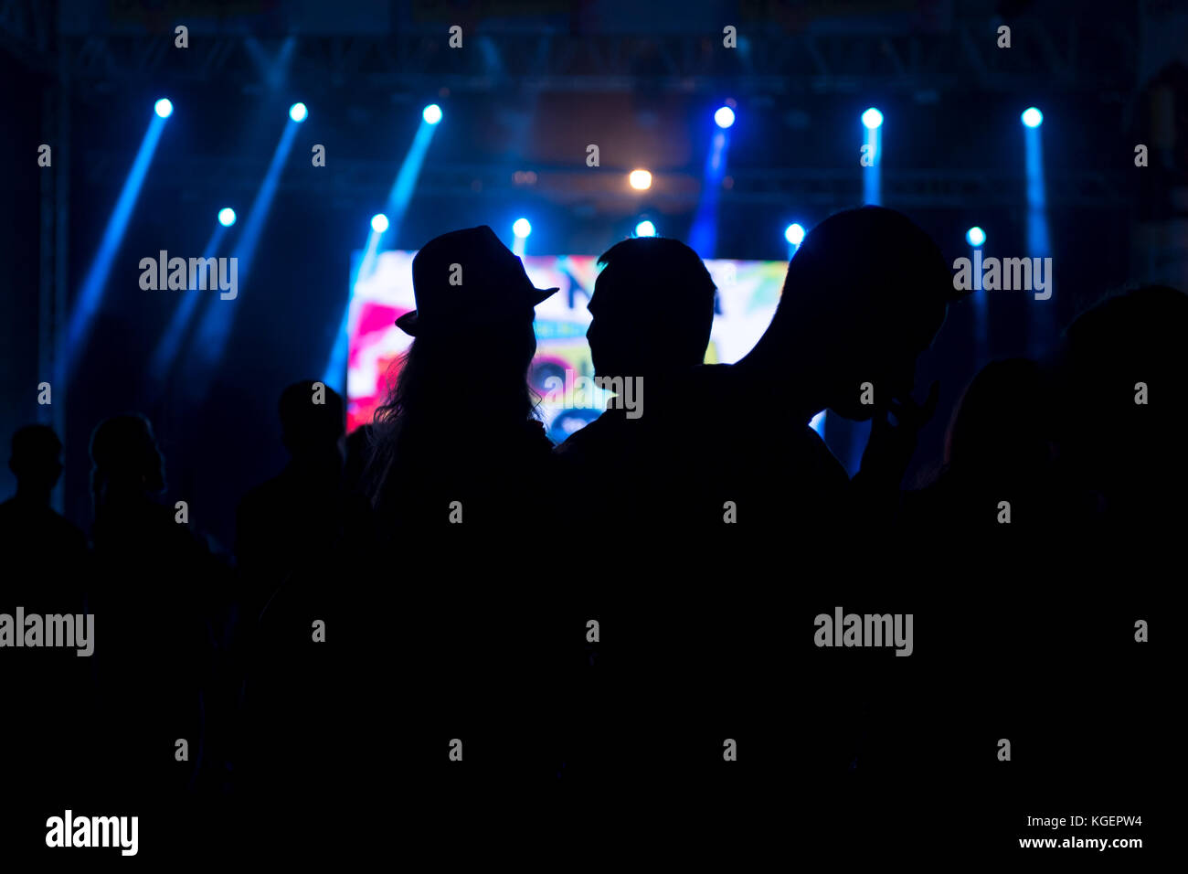 Friends enjoying concert, people dancing at a party, silhouettes Stock ...