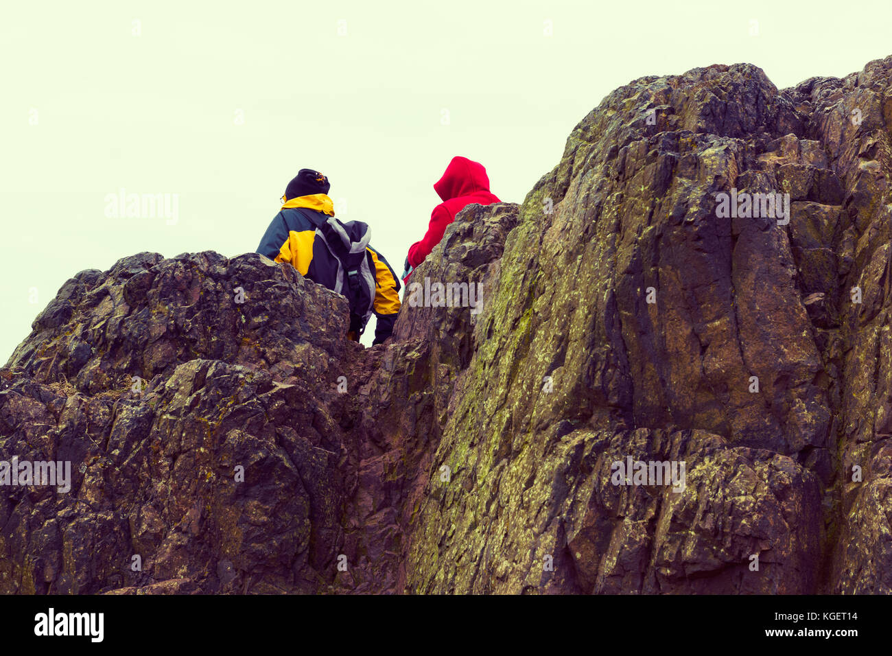 Family enjoying view of Edinburgh from top of Arthurs seat, ancient ...