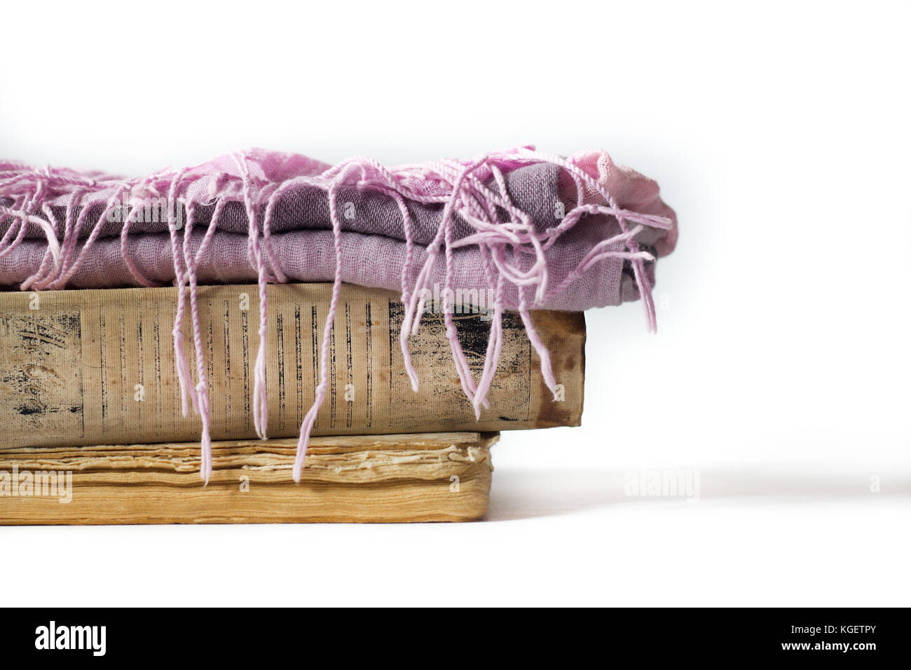 old books and plaid winter blanket or scarf on white background Stock ...
