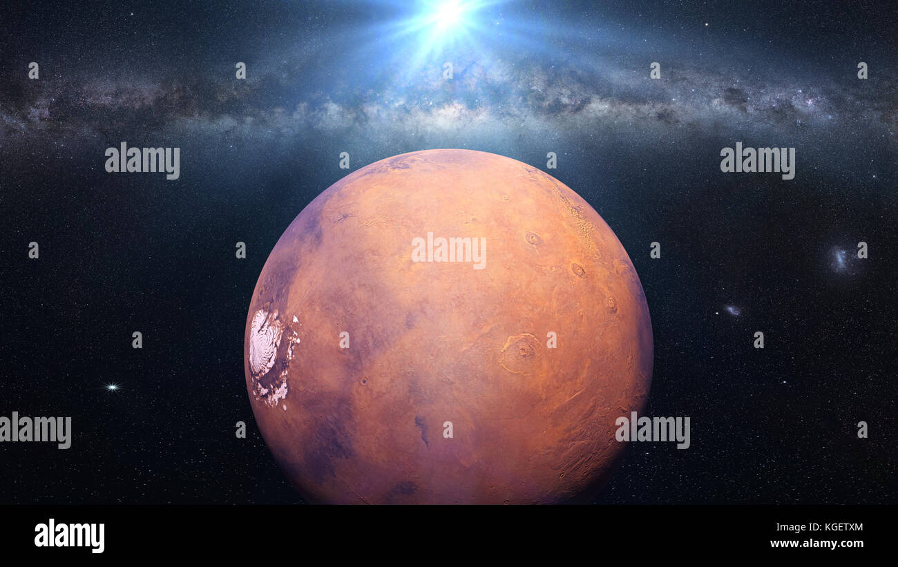 planet Mars of the beautiful Milky Way galaxy and the Sun (3d ...