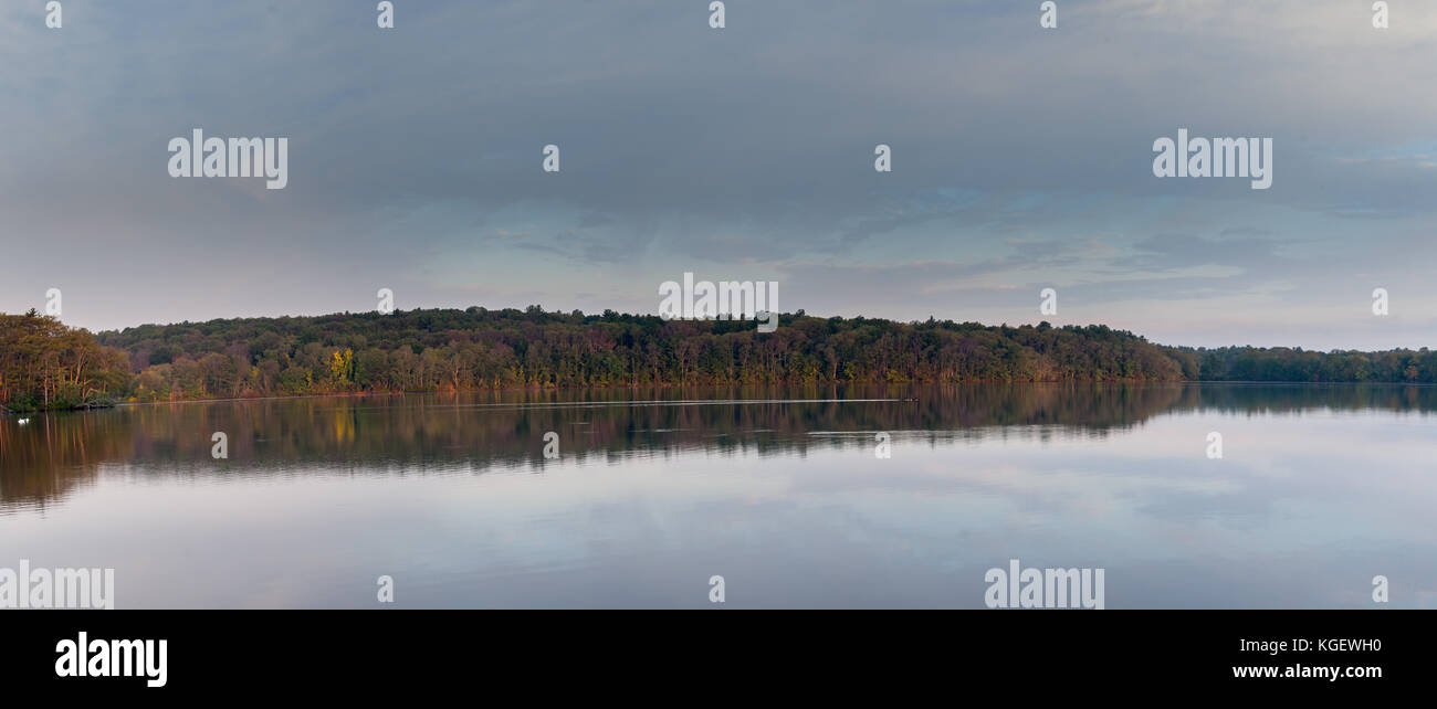Large Panorama of Tree Line Around Large Lake in Fall Season Stock ...