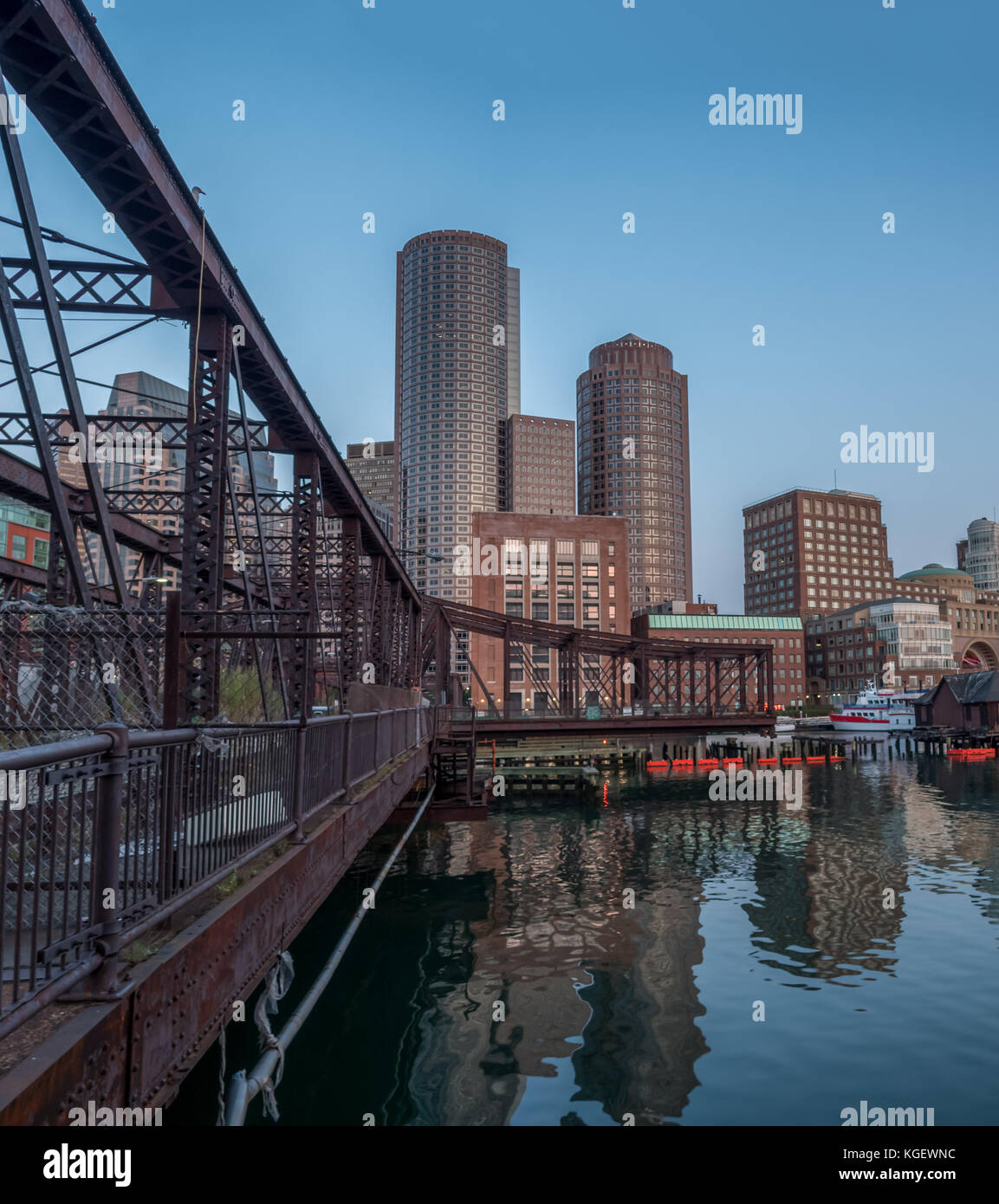 View of Red Metal Bridge with Boston Skyline in the background Stock ...