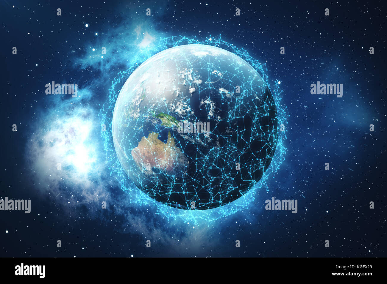 3D Rendering Global Network and Data Exchange. Connection lines Around Earth Globe. Global ...