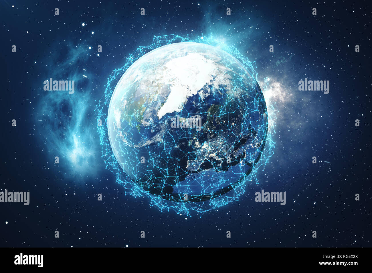3D Rendering Global Network Background. Connection Lines with Dots Around Earth Globe. Global ...
