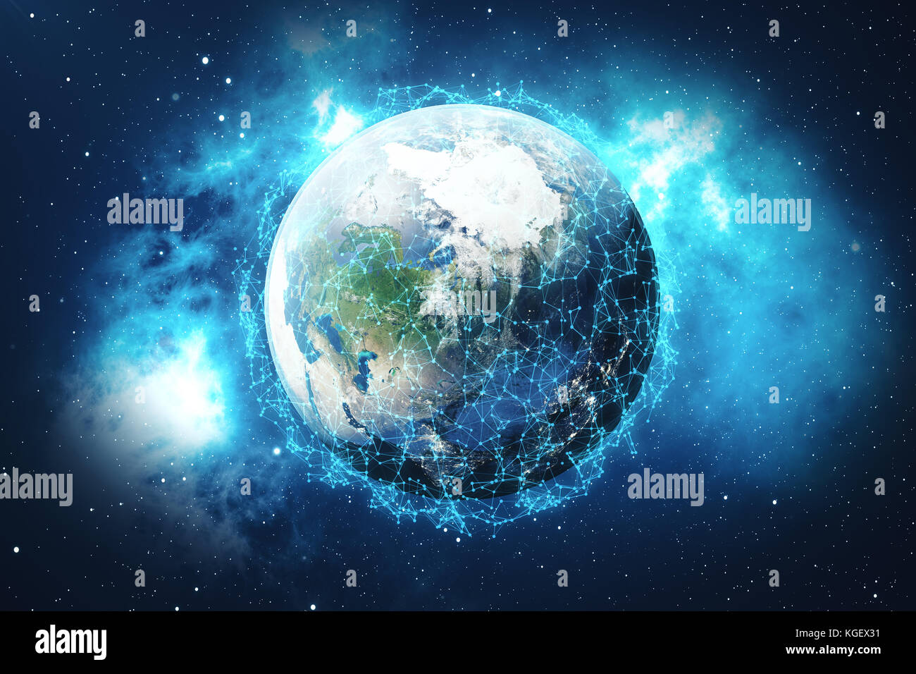 3D Rendering Global Network Background. Connection Lines with Dots Around Earth Globe. Global ...