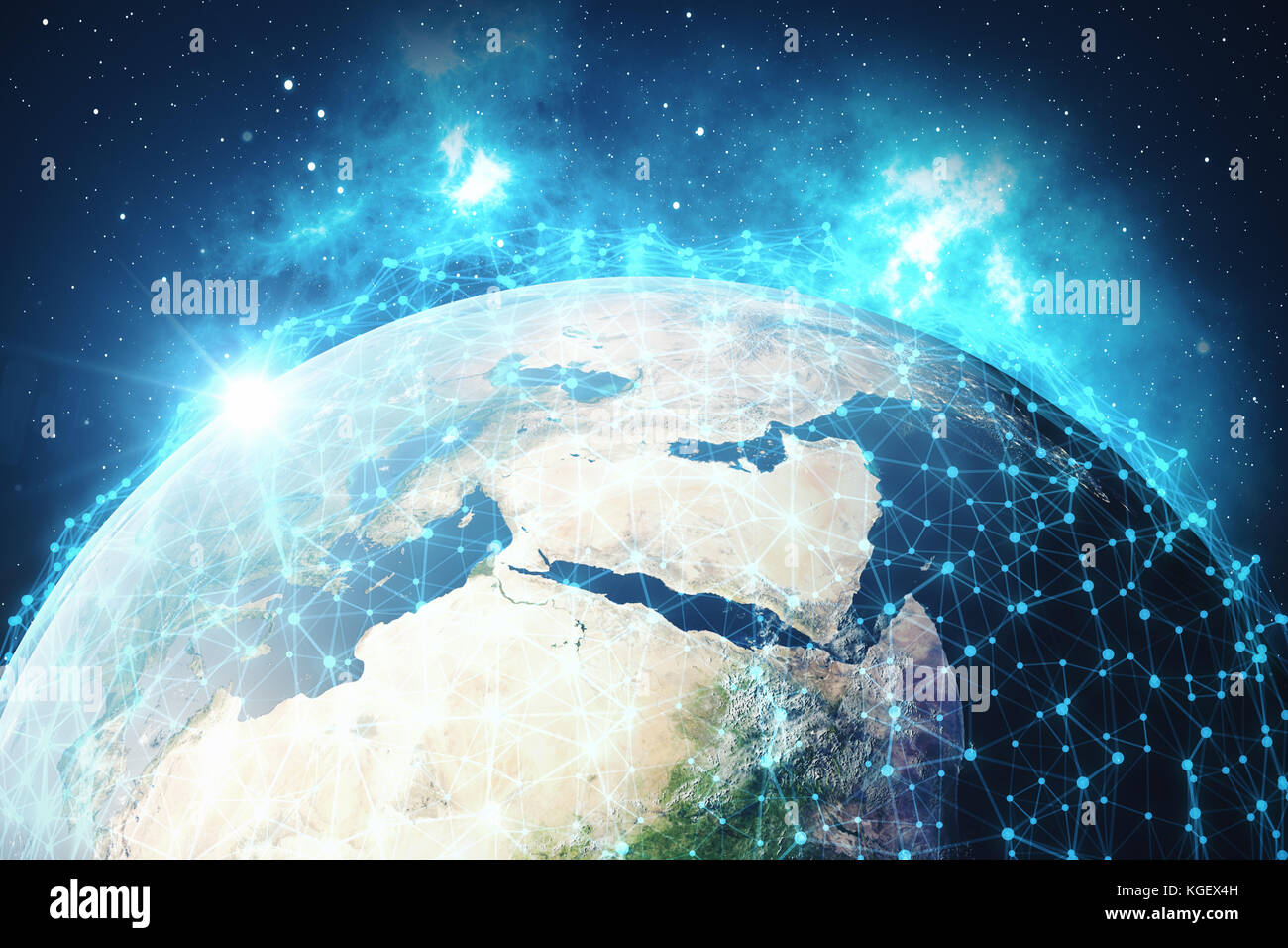 3D Rendering Global Network and Data Exchange. Connection lines Around Earth Globe. Global ...